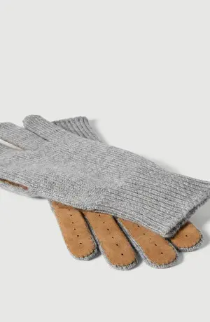 Brunello Cucinelli Cashmere Knit Gloves With Suede Palm - Light Grey