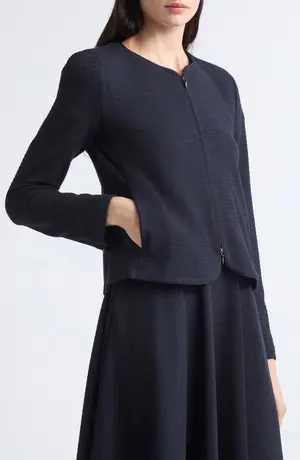 Emporio Armani Zip-front Collarless Textured Jacket - Navy