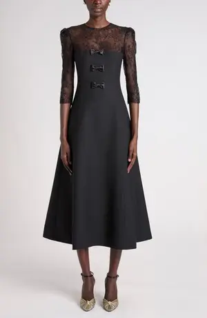 Valentino Garavani Lace & Crepe Midi Dress With Bow Detail - Black