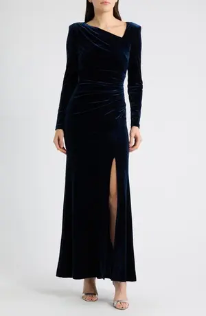 Eliza J Ruched Velvet Asymmetrical Neck Gown - Navy
