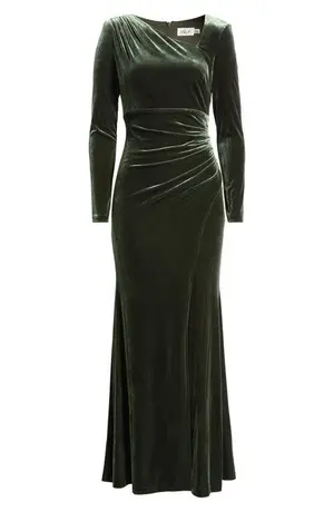 Eliza J Ruched Velvet Long Sleeve Gown - Olive