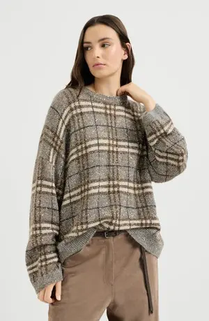 Brunello Cucinelli Dazzling Mohair Prince Of Wales Sweater - Light Brown