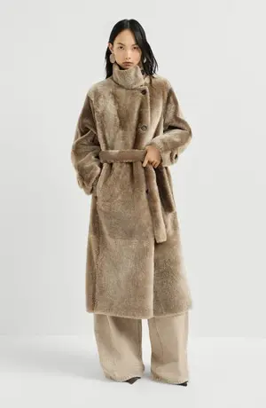 Brunello Cucinelli Shearling Coat With Belt And Monili