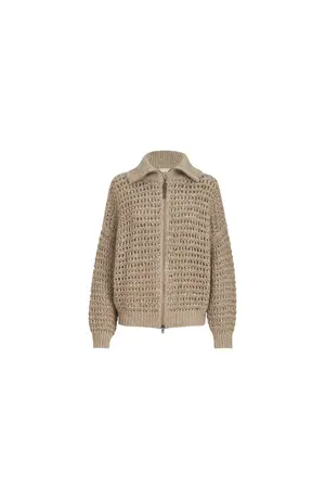 Brunello Cucinelli Virgin Wool And Cashmere Sequin Net Cardigan - Light Brown