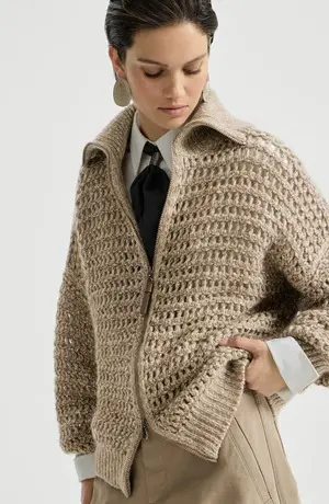 Brunello Cucinelli Virgin Wool And Cashmere Sequin Net Cardigan - Light Brown