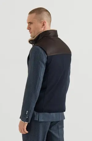 Brunello Cucinelli Bonded Wool Flannel Paneled Down Vest With Shearling Collar And Nappa Leather Inserts