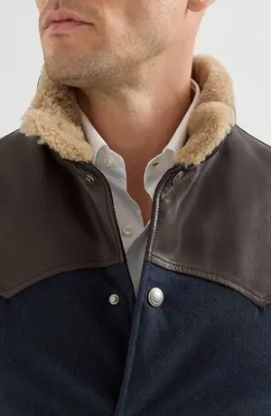 Brunello Cucinelli Bonded Wool Flannel Paneled Down Vest With Shearling Collar And Nappa Leather Inserts