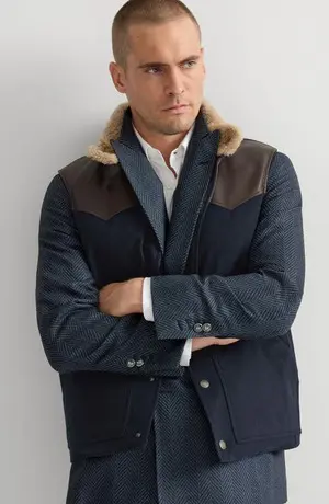 Brunello Cucinelli Bonded Wool Flannel Paneled Down Vest With Shearling Collar And Nappa Leather Inserts
