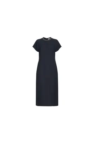 Brunello Cucinelli Viscose And Linen Fluid Twill Dress With Embellished Collar - Blue