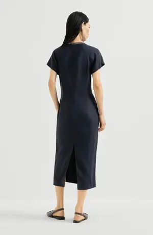 Brunello Cucinelli Viscose And Linen Fluid Twill Dress With Embellished Collar - Blue