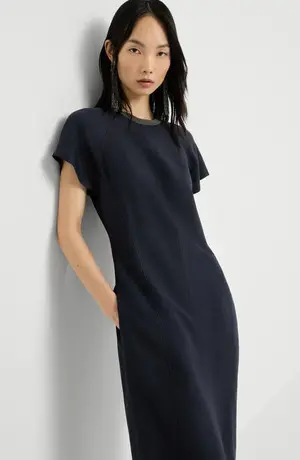 Brunello Cucinelli Viscose And Linen Fluid Twill Dress With Embellished Collar - Blue