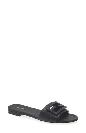 Fendi Baguette Leather Slide Sandal Nero Black