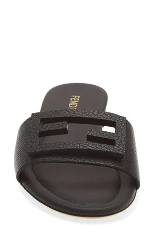 Fendi Baguette Leather Slide Sandals - Nero Black