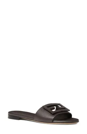 Fendi Baguette Leather Slide Sandals - Real Ebano