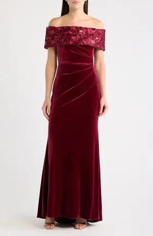 Eliza J Velvet Off-the-shoulder Gown With Floral-stitched Neckline - Wine