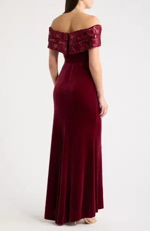 Eliza J Velvet Off-the-shoulder Gown With Floral-stitched Neckline