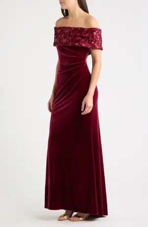 Eliza J Velvet Off-the-shoulder Gown With Floral-stitched Neckline