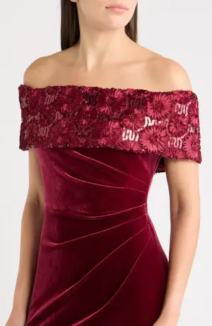 Eliza J Velvet Off-the-shoulder Gown With Floral-stitched Neckline