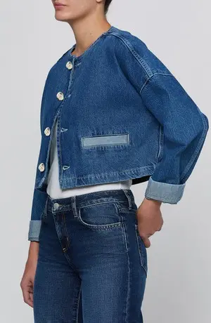 L'Agence Verona Collarless Cropped Denim Jacket