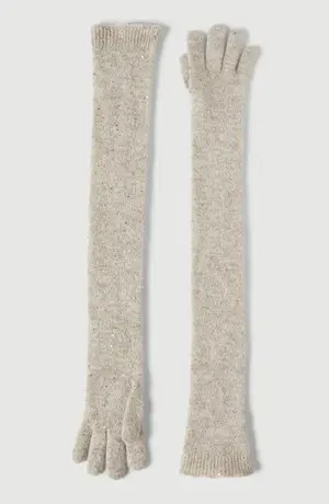 Brunello Cucinelli Lace Flowers Knit Long Gloves In Sparkling Mohair And Virgin Wool - Buff