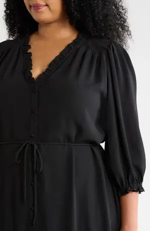 CECE DUPRAZ Ruffled V-neck Button-up Dress - Rich Black