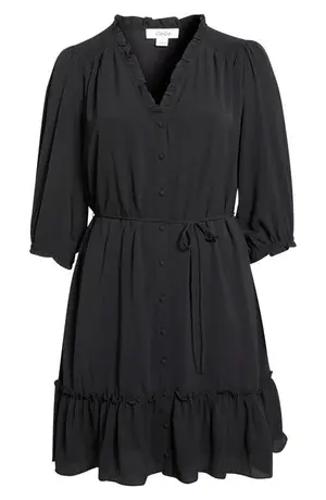 CECE DUPRAZ Ruffled V-neck Button-up Dress - Rich Black