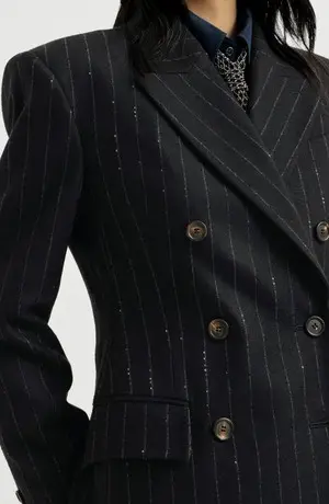 Brunello Cucinelli Comfort Virgin Wool Dazzling Chalk Stripe Blazer With Monili
