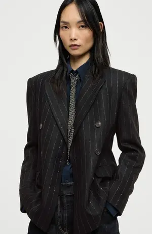Brunello Cucinelli Comfort Virgin Wool Dazzling Chalk Stripe Blazer With Monili