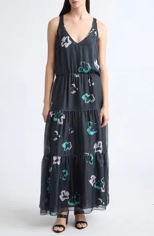 Emporio Armani Silk Tiered Midi Dress - Navy