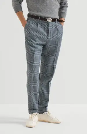 Brunello Cucinelli Wool And Cashmere Prince Of Wales Flannel Trousers - Cerulean