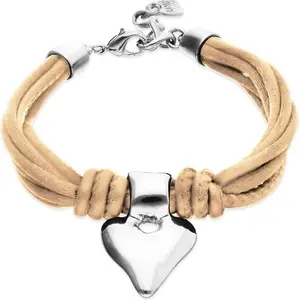 UNODE50 Silk-effect Thread Blend Bracelet With Beige Leather And Heart Detail - Silver