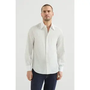 Brunello Cucinelli Striped Cotton And Silk Shirt With Contrast Italian Collar And Cuffs - White