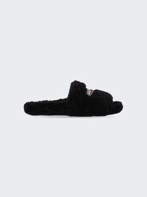 Balenciaga Embroidered Furry Slide Sandals - Black