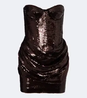 THE NEW ARRIVALS ILKYAZ OZEL Ilkyaz Ozel Sequined Draped Corset Dress - Brown