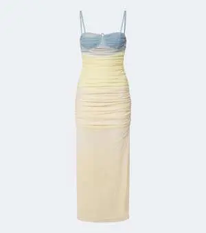SIR. Printed Ruched Mesh Midi Dress - Yellow