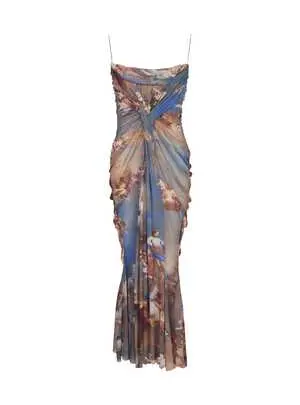 Balmain Sky Printed Draped Tulle Maxi Dress