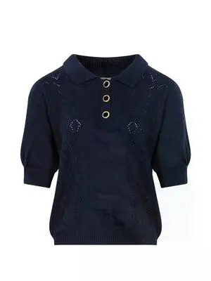 Alessandra Rich Pointelle Knit Puff Sleeve Polo Top