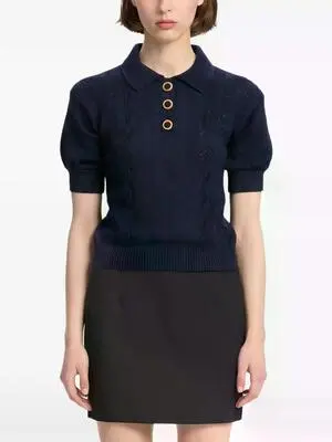 Alessandra Rich Pointelle Knit Puff Sleeve Polo Top