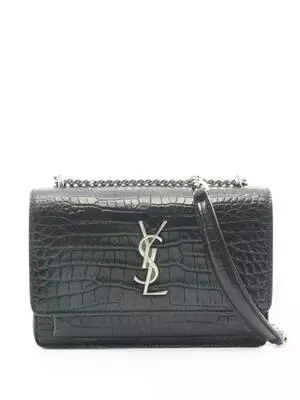 Saint Laurent 2010s Sunset Croc-embossed Shoulder Bag - Black