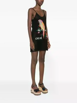 Chloé Embroidered Parrot Mesh-knit Mini Dress - Black