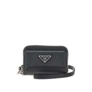Prada Saffiano Leather Cardholder Pouch With Strap - Black