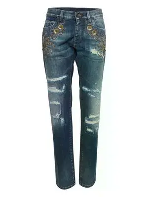 Dolce & Gabbana Floral-embroidered Distressed Jeans - Blue