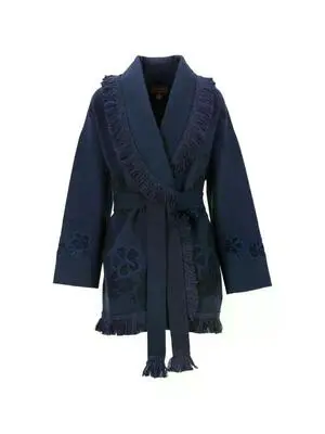 Alanui Embroidered Wool Cardigan With Fringe And Shawl Lapels - Blue