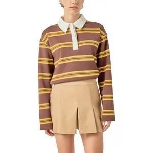 English Factory Striped Long Sleeve Polo Shirt - Brown/yellow