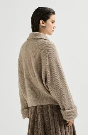 Brunello Cucinelli Sparkling Cashmere Ribbed Zip-up Cardigan