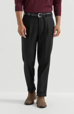 Brunello Cucinelli Virgin Wool Flannel Trousers With Pleat - Black