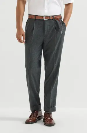 Brunello Cucinelli Virgin Wool Flannel Trousers With Pleat - Dark Grey