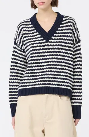 Max Mara Striped V-neck Virgin Wool Sweater - Navy