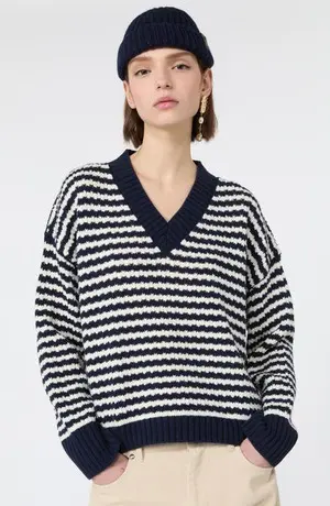 Max Mara Striped V-neck Virgin Wool Sweater