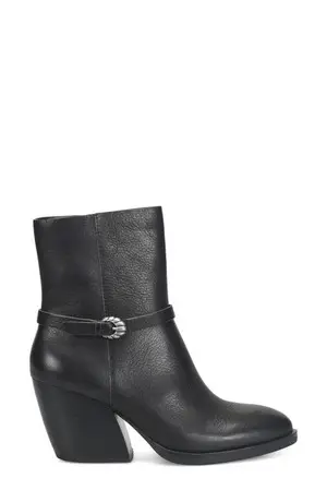 Kork-Ease® Solstice Leather Bootie With Buckled Ankle Strap And Chunky Stacked Heel - Black Leather